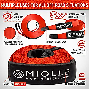 Miolle Tow Strap 3”x20’- 33400lbs MBS (Lab Tested) Recovery Strap Kit Includes: Tow Rope, 2 D-Ring Shackles MBS-41800LBS, Storage Case