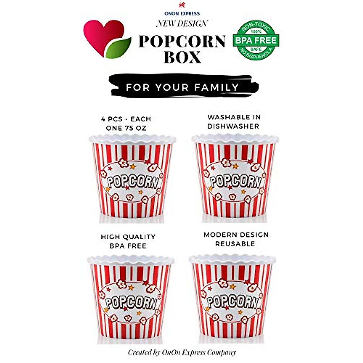 ONONEXPRESS Modern Style Reusable Plastic Popcorn Box/Popcorn Containers/Popcorn Bowls Set for Movie Theater Night - (BPA Free - Red/White 4 Pack-75 oz)