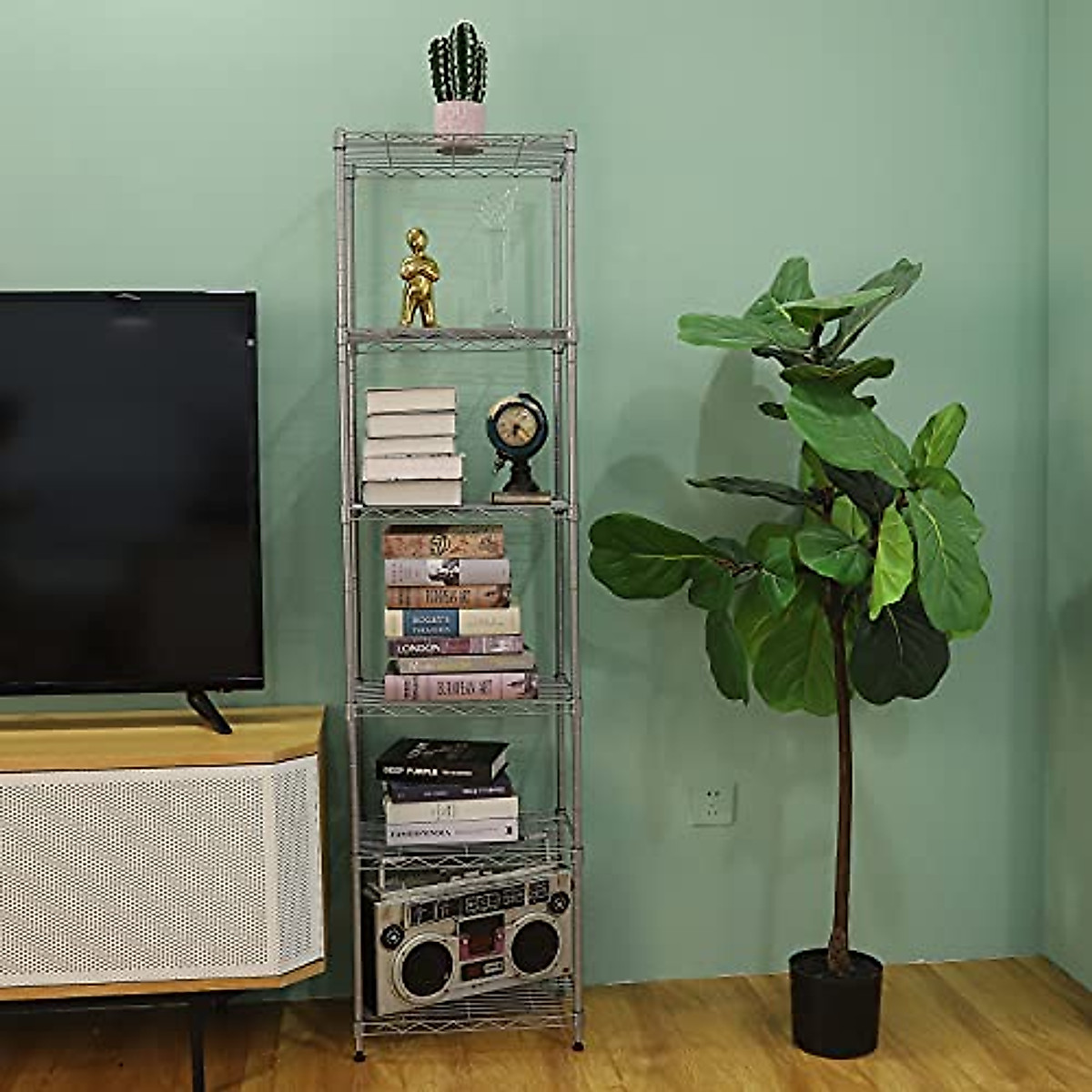 GIOTORENT 6-Tier Standing Shelving Metal Units, Adjustable Height Wire Shelf Display Rack for Laundry Bathroom Kitchen 16.6” x 11.6” x 63” (6-Tier-Down, Silver)