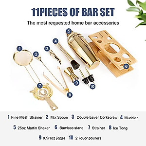 JNWINOG Shakers Bartending, 11Pcs-Cocktail Shaker Set Gold Drink Mixer with 25oz Martini Shaker,Muddler,Bar Spoon and More Professional for Home and Bartender.(Gold)