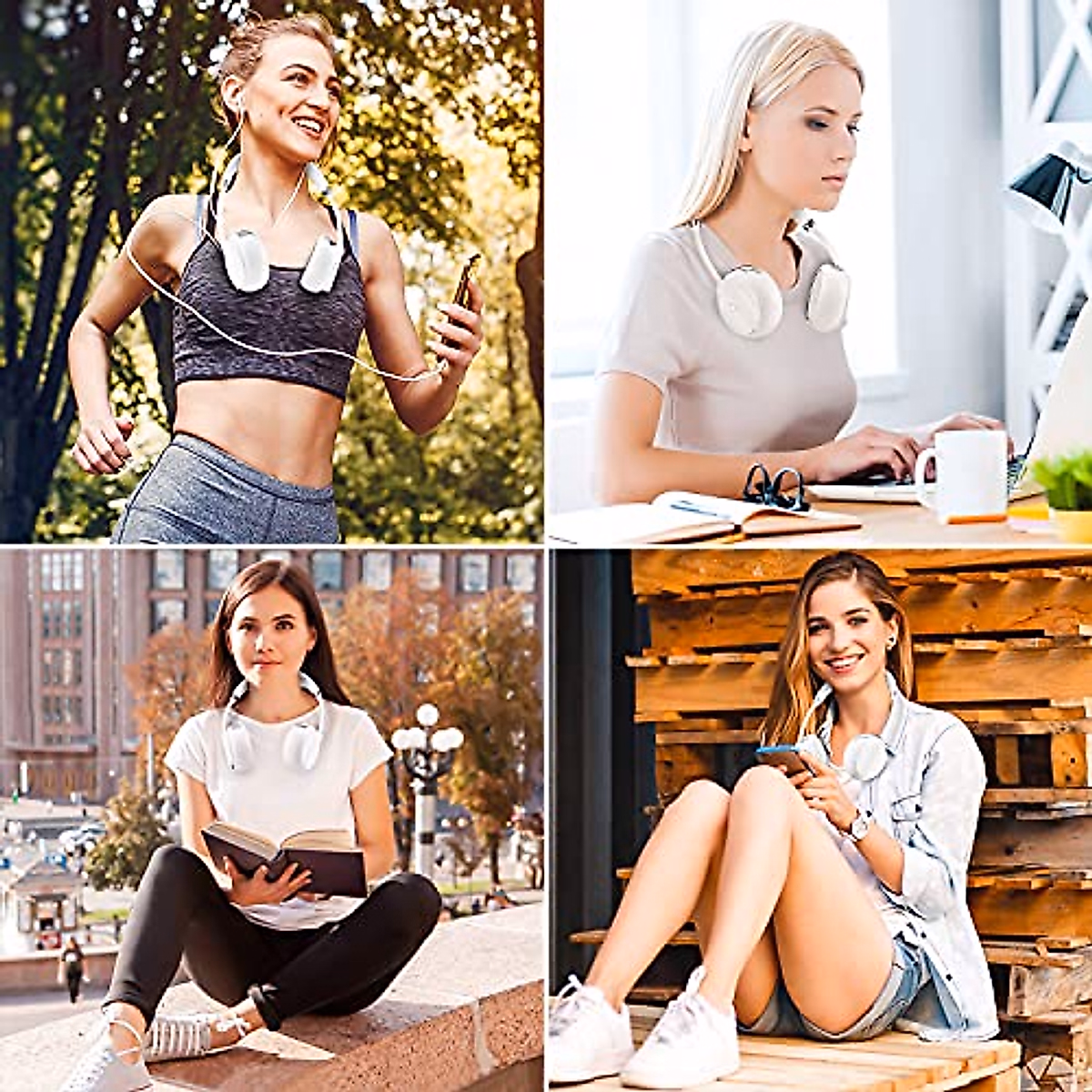 POOCCI Portable Neck Fan, Hands Free Bladeless Fan, USB Rechargeable Wearable Personal Fan, Headphone Design Neck Cooling Fan, USB Powered Neck Fan with 3 Speeds-White