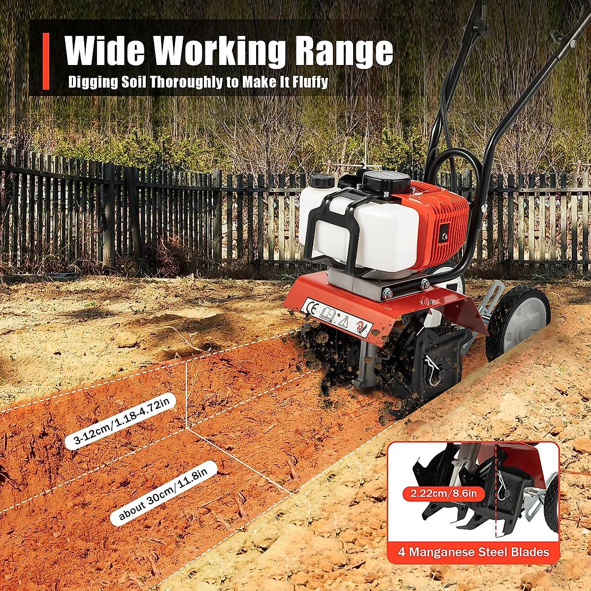 Rototiller Tiller Cultivator, 52CC 2-Stroke Forward Swivel Compact Fork Tiller Gas Motor Cultivator Premium Steel Adjustable Forward Swivel Tine for Garden & Lawn, Digging & Soil Tillage