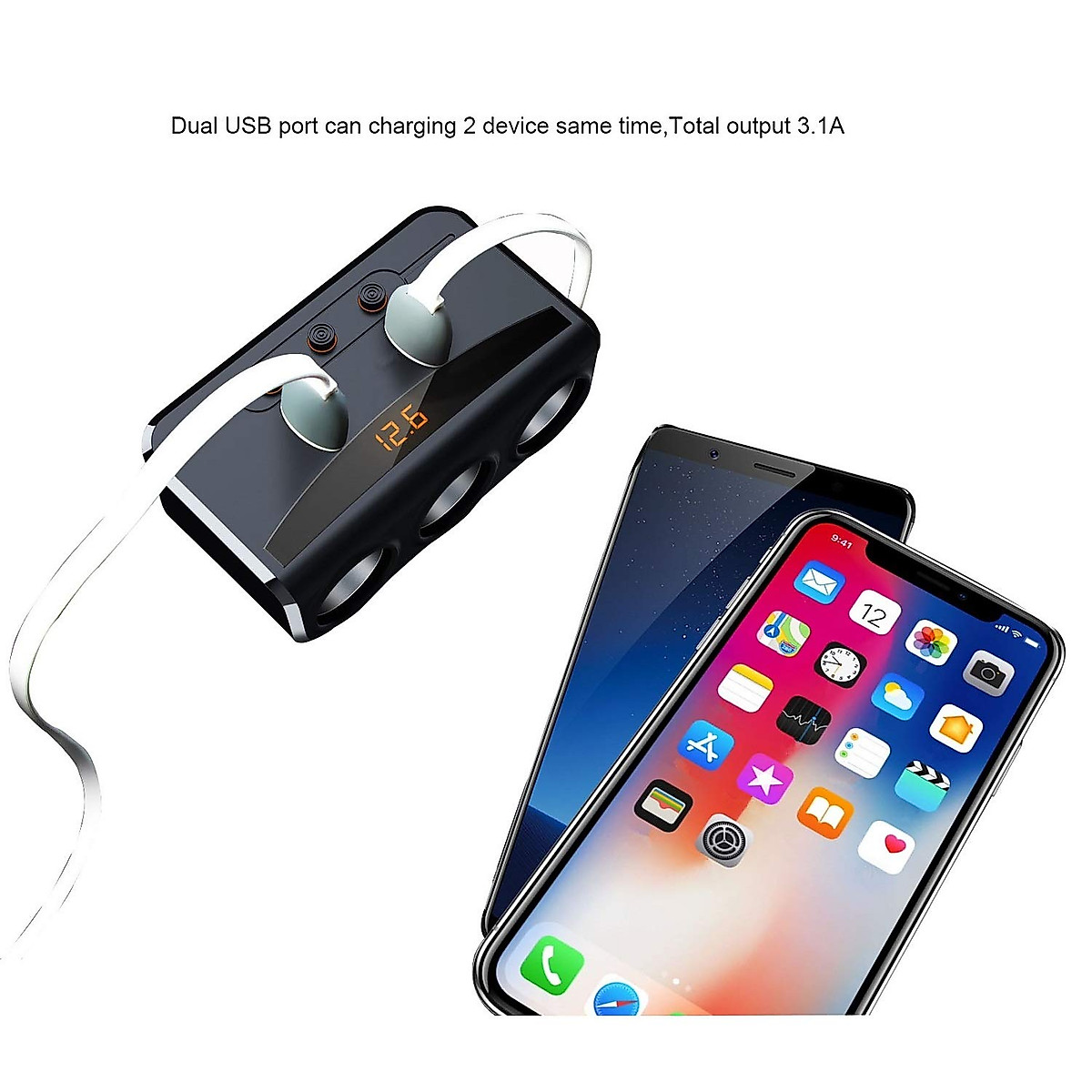 LIHAN 3 Socket Cigarette Lighter Adapter, Car Charger Plug Splitter with Dual USB Ports, 12V/24V Meter Monitor, Compatible with iPhone, LG, HTC, Samsung etc