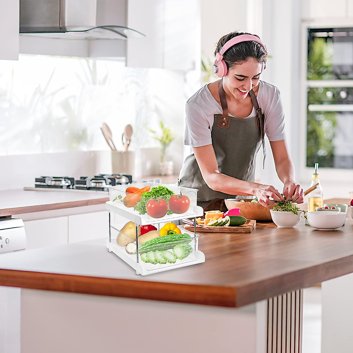 Ruishetop Stackable Under Sink Cabinet Organizer, Multi-Purpose 2 Tier Drawers Sliding Cabinet Basket Organizer Drawer with Handle for Home Kitchen Bathroom Office