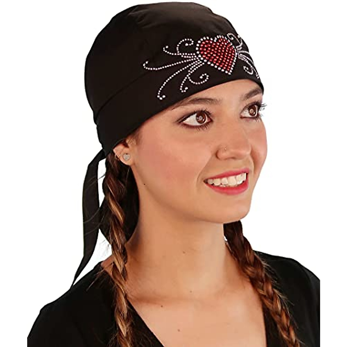 Black Skull Cap with Red Heart & Swirls Rhinestud - American Made Embellished Classic Skull Cap - Skull Cap Doo Rag Do Rag Headwrap - Made in USA!