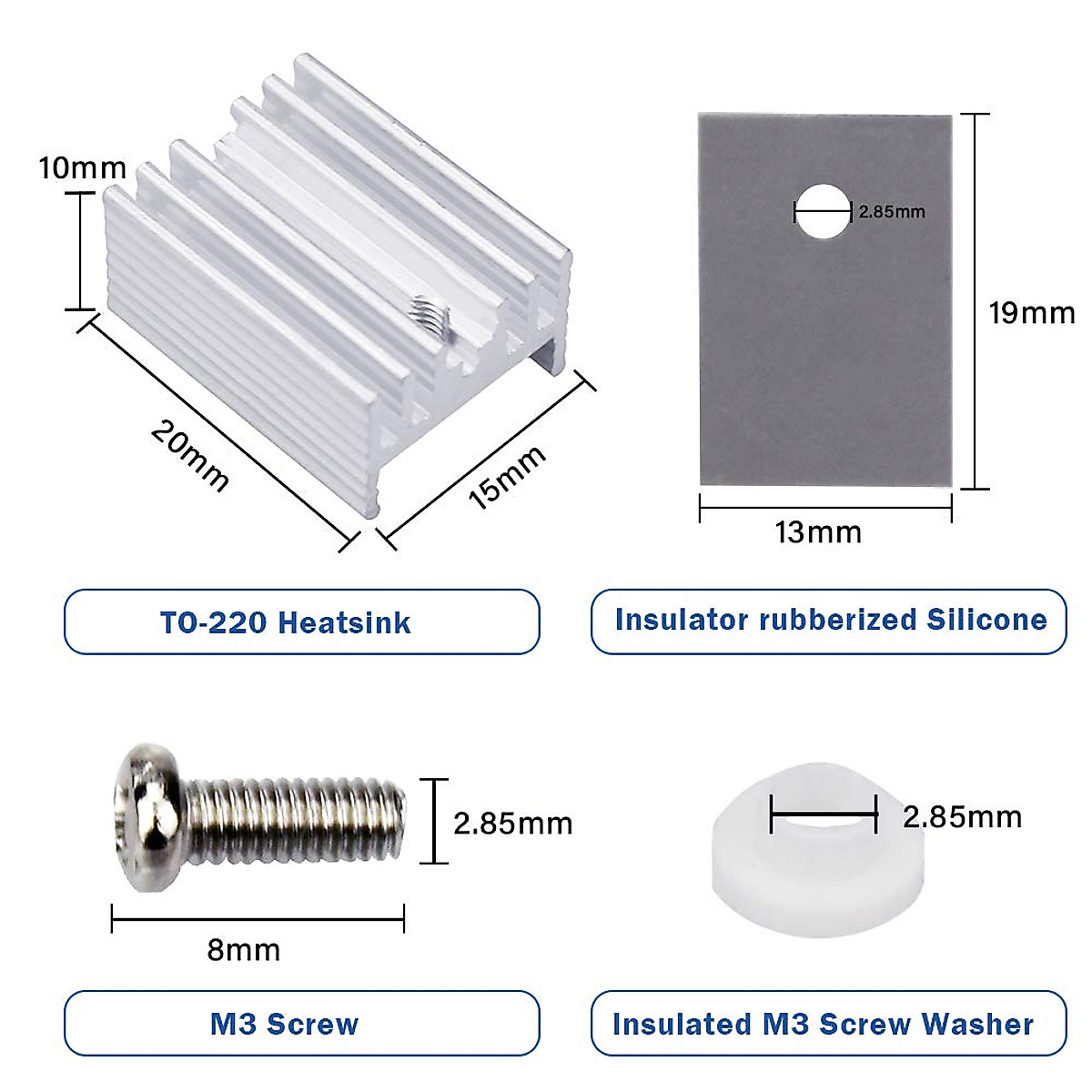 WayinTop 10 Packs TO-220 Aluminum Heatsink & Insulator/Mounting Kits for TO-220 MOSFET Transistor, TO-220 Heatsink + M3 Screw + Screw Washer + Insulator Rubberized Silicone (20mmx15mmx10mm)