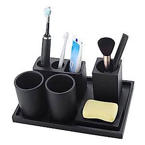 Ximlike Matte Black Bathroom Accessories Set 6 Pieces, Bathroom Accessory Set Bathroom Decor with 1 Vanity Tray, 2 Tumbler Cups, 1 Makeup Brushes Holder, 1 Toothbrush Holder, 1 Soap Dish