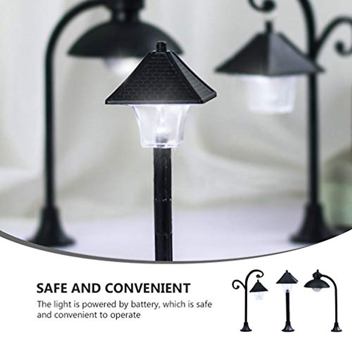 3pcs Model Street Post Lights Ornament Mini Dollhouse Solar Lamp Railway Train Lamp Miniature Village Pathway Lantern Post for Fairy Garden Plant Decoration Black