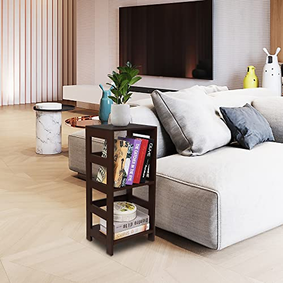 Small Bookshelf for Small Spaces, 3 Tier Book Shelf Organizer, Wooden Narrow Bookcase, Short Bookshelf for Bedroom, Living Room, Home, Office (13" W x 11" D x 29" H, Dark Brown)