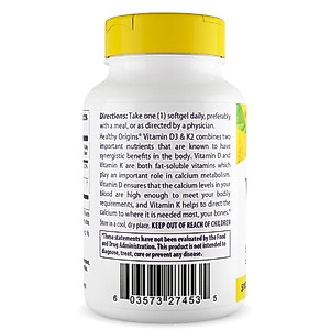 Healthy Origins Vitamin D3 & K2 - Vitamin D3, 50 mcg - Vitamin K2, 200 mcg - Easily Absorbable Vitamin D & Vitamin K Supplements - Non-GMO & Gluten-Free Supplements - 180 Softgels