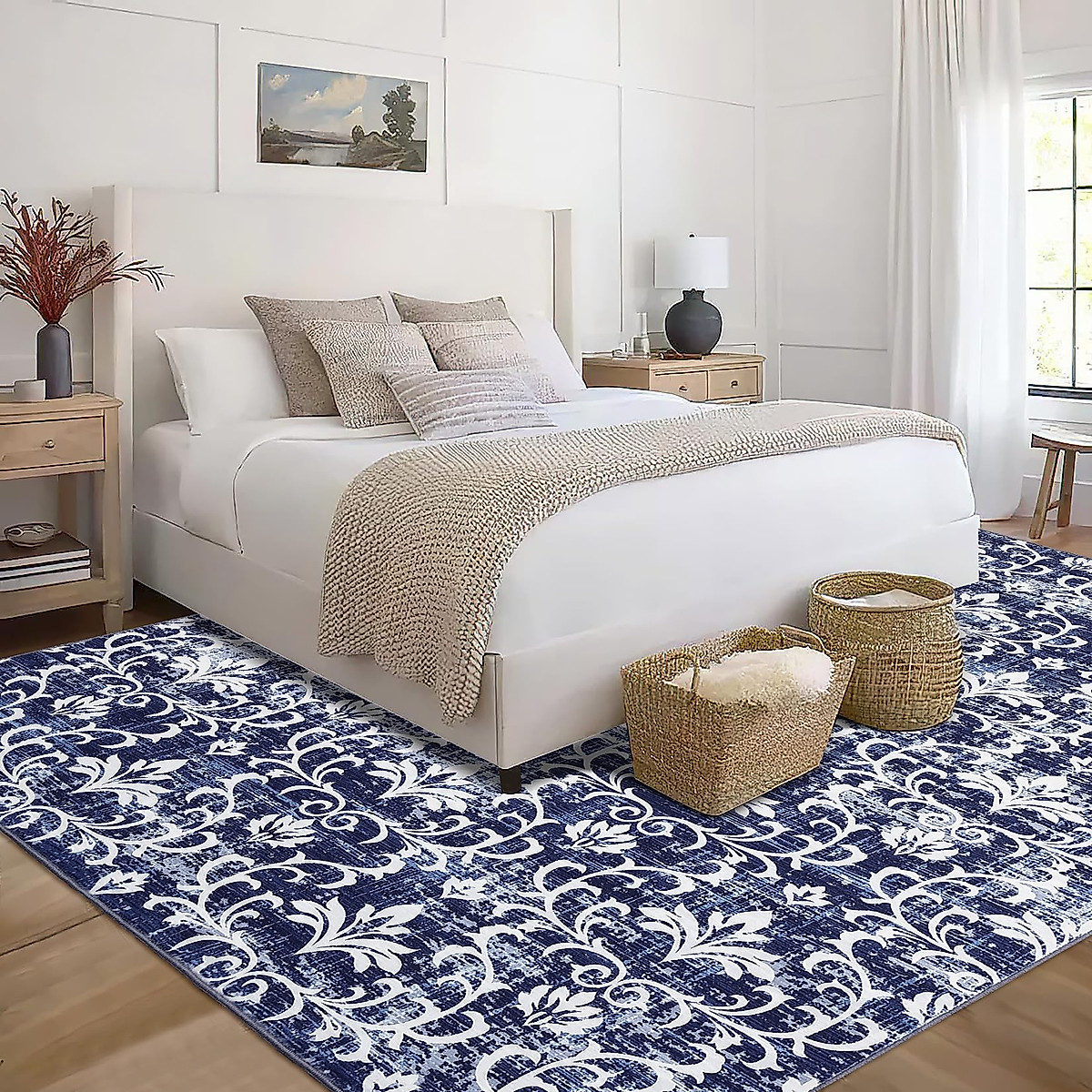 GarveeHome Washable Rugs 8x10 Rug for Living Room Boho Vintage Area Rug for Bedroom Indoor Floral Damask Floral Large Rug Soft Non Shedding Stain Resistant Carpet for Dining Room 8'x10' Blue