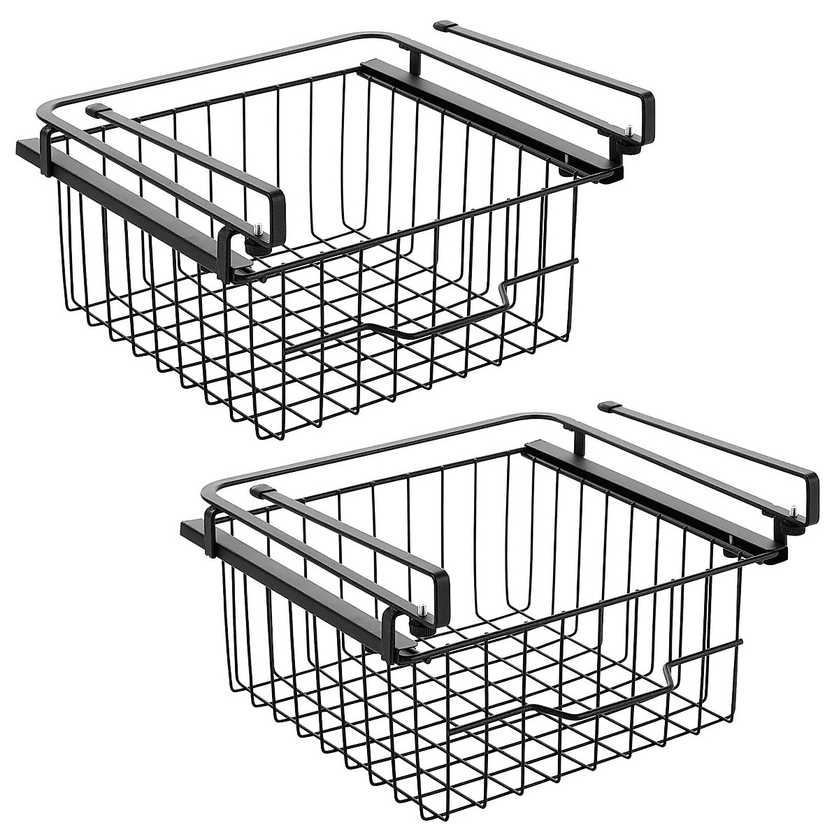 mDesign Compact Hanging Pullout Drawer Basket - Sliding Under Shelf Storage Organizer - Metal Wire - Attaches to Shelving - Easy Install - for Kitchen, Pantry, Cabinet - 2 Pack - Black