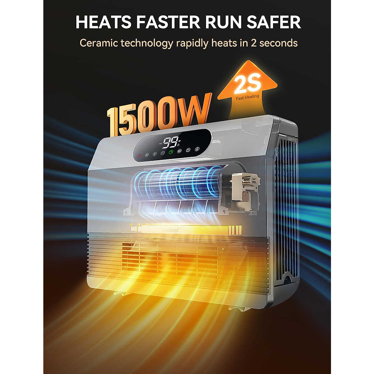 GiveBest Portable Ceramic Space Heater, 2 in 1 Oscillating 1500W/750W Electric Room Heater with Tip Over and Overheat Protection, 200 Square Feet Fast Heating for Indoor Bedroom Office Desk Home