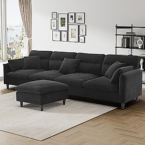 ONEMMLION L Shape Sectional Cloud Couches for Living Room, 110" Comfy Modular Sectional Sofa with Ottoman, Modern Fluffy Chenille 5-Seater Convertible Sofa Set with Chaise Lounge, Black