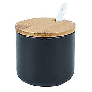 RockTrend Simple Pure Color Ceramic Spice Jar Seasoning Box Condiment Pot Sugar Bowl with Bamboo Lid and Spoon
