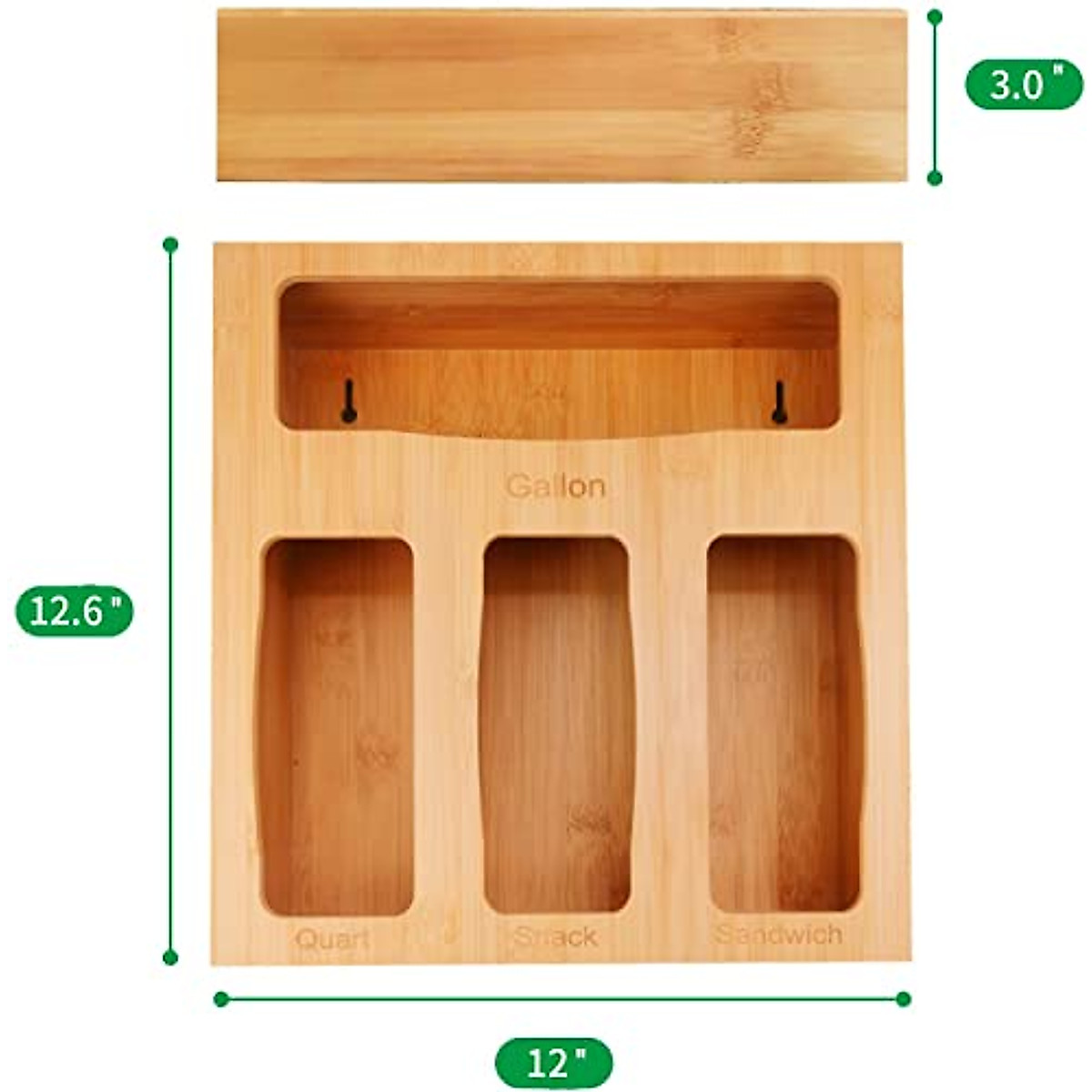 Ziplock Bag Storage Organizer, Premium Bamboo Kitchen Food Baggie Dispenser Box for Drawer, Compatible with Most Brands Gallon Bag, Quart Bag, Sandwich Bag, Snack Bag（1Box 4 Slots）