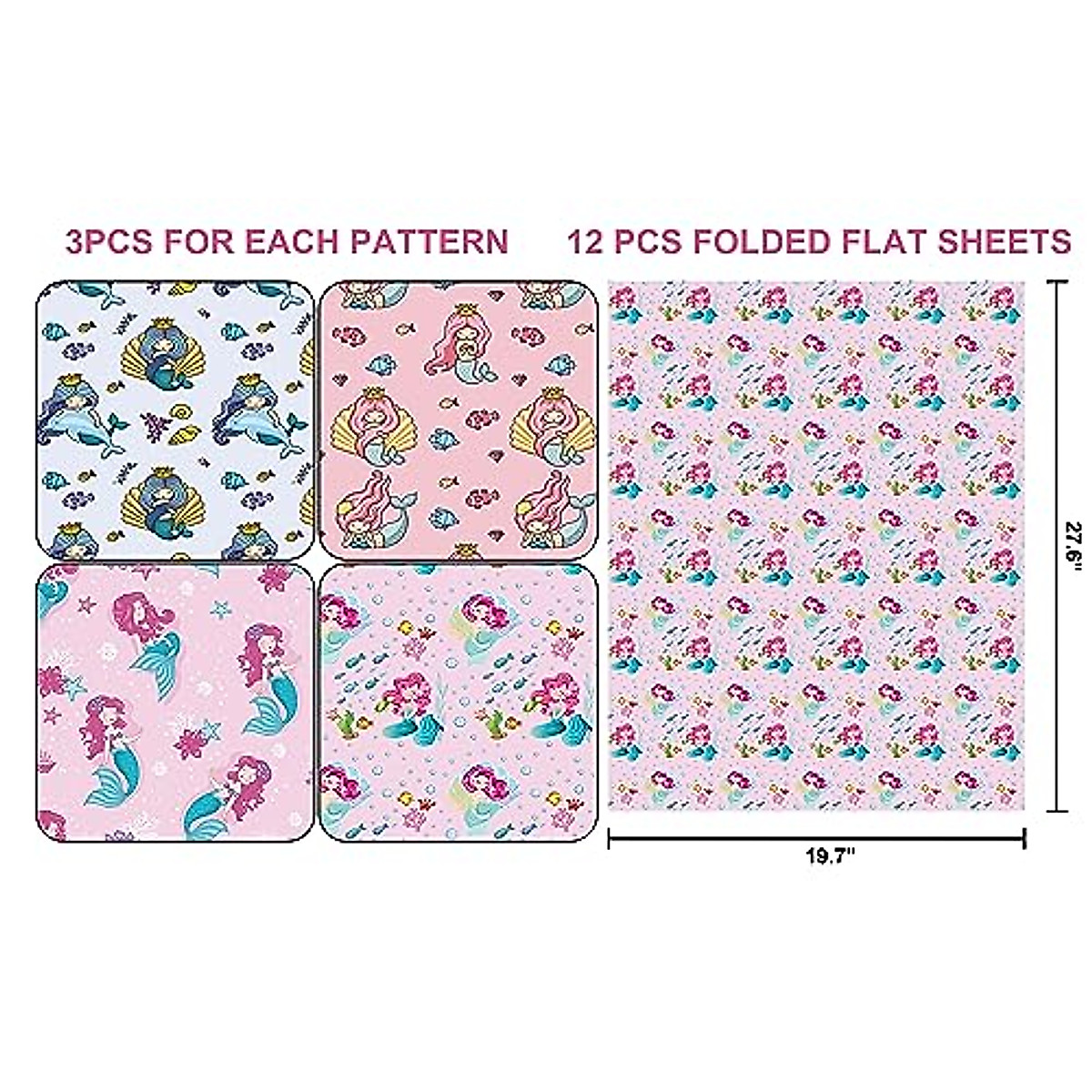 Sikiweiter Mermaid Wrapping Paper - Birthday Wrapping Paper for Girls, 12 Sheets Little Mermaid Wrapping Paper for Birthday Christmas Baby Shower, 19.7 x 27.6 Inches Per Sheet