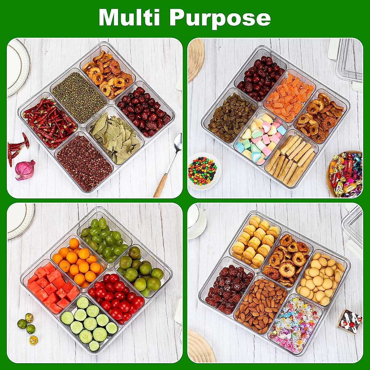 Divided Serving Tray with Lid & Handle, BPA-free Food Storage Container, Snack Box, 6 Compartment Snack Containers, Fruit Storage Containers for Fridge,Storage Organizer For Veggie,Fruit,Candy,Nuts