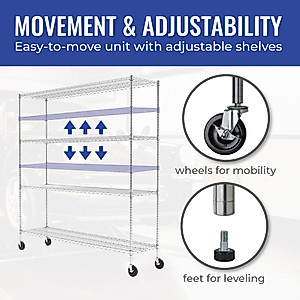 SafeRacks - NSF Certified Storage Shelves, Zinc, Heavy Duty Steel Wire Unit with Wheels and Adjustable Feet, Garage or Bakers Rack, Kitchen, Pantry Shelf - (18"x72"x72" 4-Tier) (Silver)