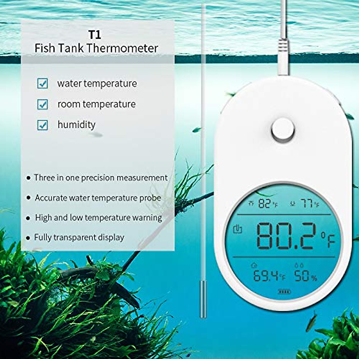 LCD Digital Aquarium Thermometer,Fish Tank Water Terrarium Temperature for Fish and Reptiles,Room Temperature,Indoor Humidity 3 in1(Fahrenheit)