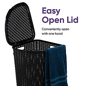 Plastic Corner Laundry Hamper with Lid, Curved Designed Laundry Basket, 2 Pack Triangle Black Cloths Hamper Organizer with Cut-out Handles for Laundry Room Bedroom Bathroom, Wicker Design, 50 Liter