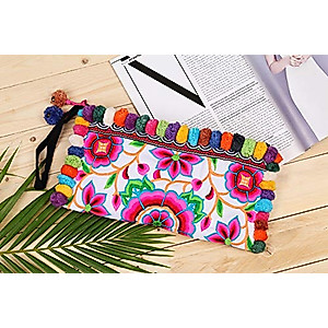 changnoi Handmade Clutch Bag with Hmong Tribes Embroidery (Silkworm White, Multi Pom)