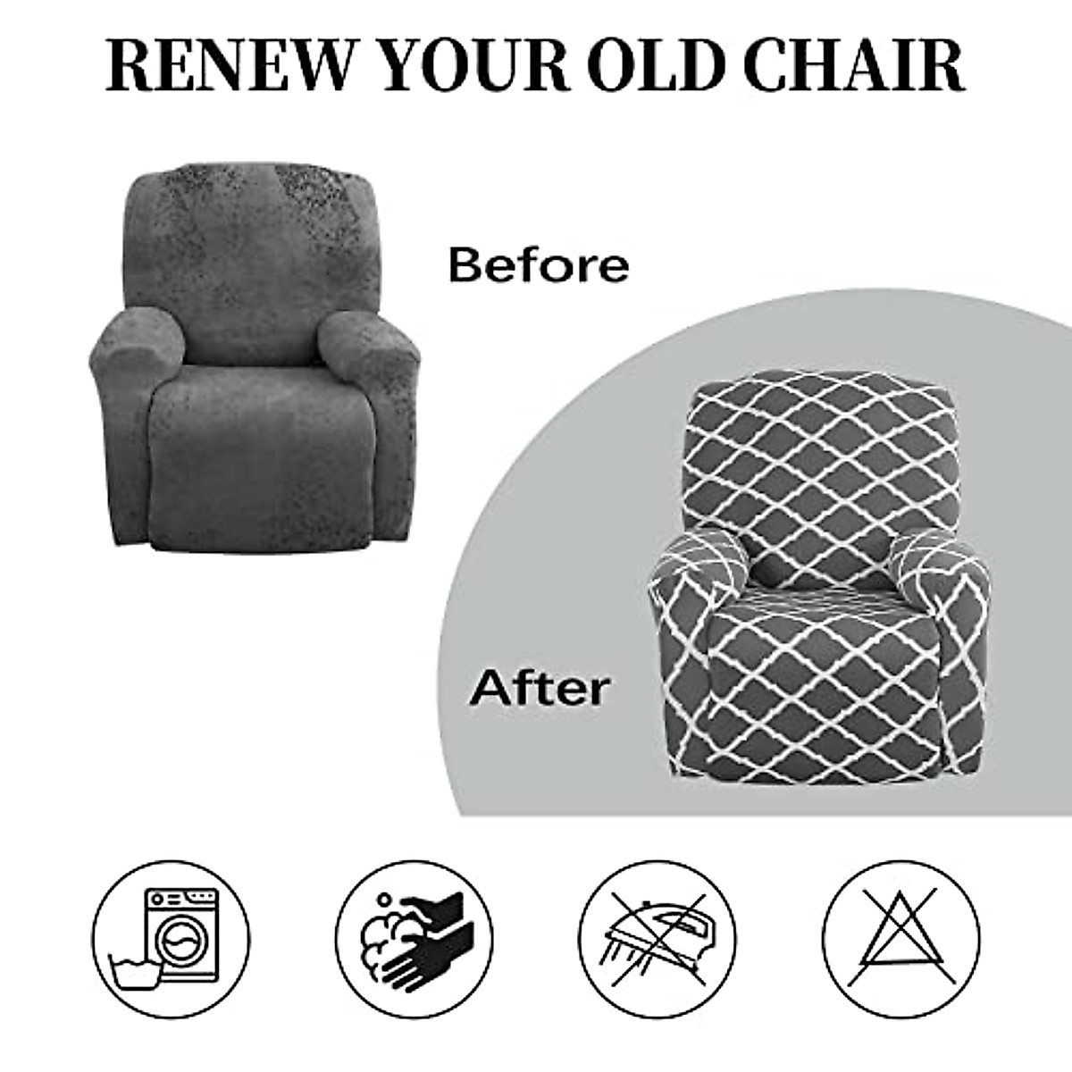 FIGOOO Recliner Sofa Slipcover 4-Piece Stretch Recliner Chair Covers Non Slip Spandex Pattern Recliner Cover with Pockets Reclining Couch Covers Furniture Protector for Dogs Cats(Gray Plaid,1 Seater)