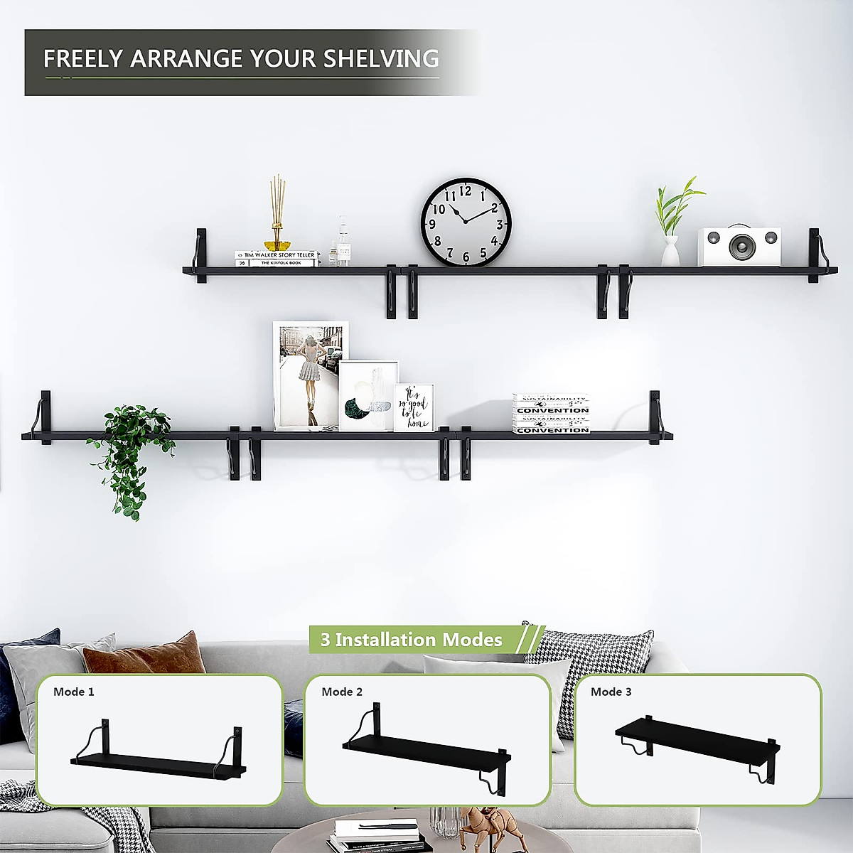 Inforth Wall Shelves, Wood Wall Mounted Shelves for Wall Storage, Floating Shelves for Wall Display with Metal Bracket, Hanging Shelves for Bedroom Kitchen Living Room (Black, 17 Inches)