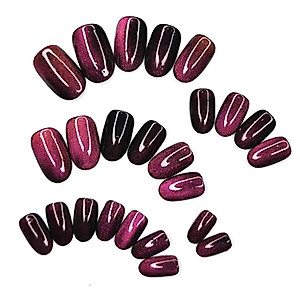 Purple Cat Eye Press on Nails Medium Length Round False Nails 24 Pcs Dark Purple Glossy Glue on Nails Color Changing with Light Luxury Acrylic Fake Nails for Women Girls