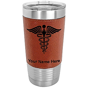 LaserGram 20oz Vacuum Insulated Tumbler Mug, Caduceus Medical Symbol, Personalized Engraving Included (Faux Leather, Basketball Style)