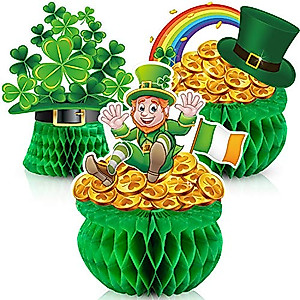 Blulu St Patrick Honeycomb Decoration, Cute Pot-O-Gold Centerpiece Shamrock Leprechaun Tissue Irish Clover Paper Table Topper for Saint Patrick Party Accessory 7.87-8.6 inch (3 Pieces)