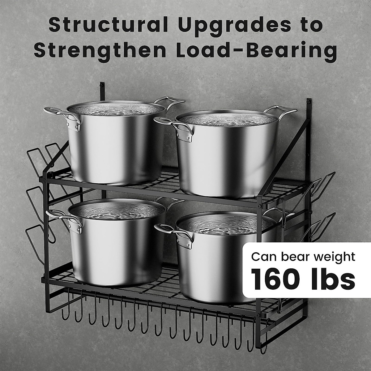 HOYRR Hanging Pot Rack Wall Mounted,30 Inch Wall Hanging Pot Rack,Pot Hangers for Kitchen Wall Mount,Pot And Pan Hanger Side Piece with 2 Pieces Pans Lids Organizer,Wall Pot Rack Hanging Rod+16 Hooks