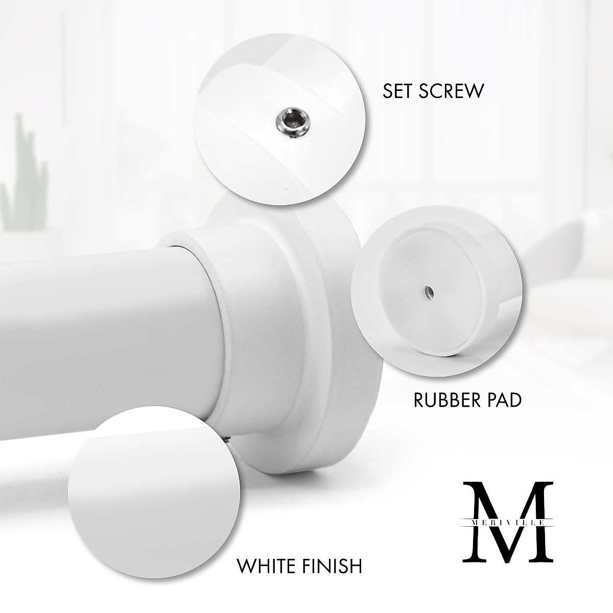 Meriville 1-inch Diameter Metal Spring Tension Rod, Closet Rod, Tension Curtain Rod, Shower Curtain Rod, Adjustable Length 18-inch to 30-inch, Off White