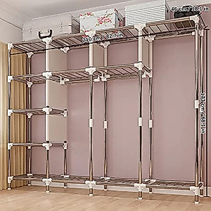 ZZBIQS Extra Large Clothes Wardrobe Storage Closet, Portable Garment Organizer Shelve Rack for Hanging Clothes, 82x68x18Inches, Flannel Fabric Cover Standing Closet with Hang Rod and 2 Side Pockets