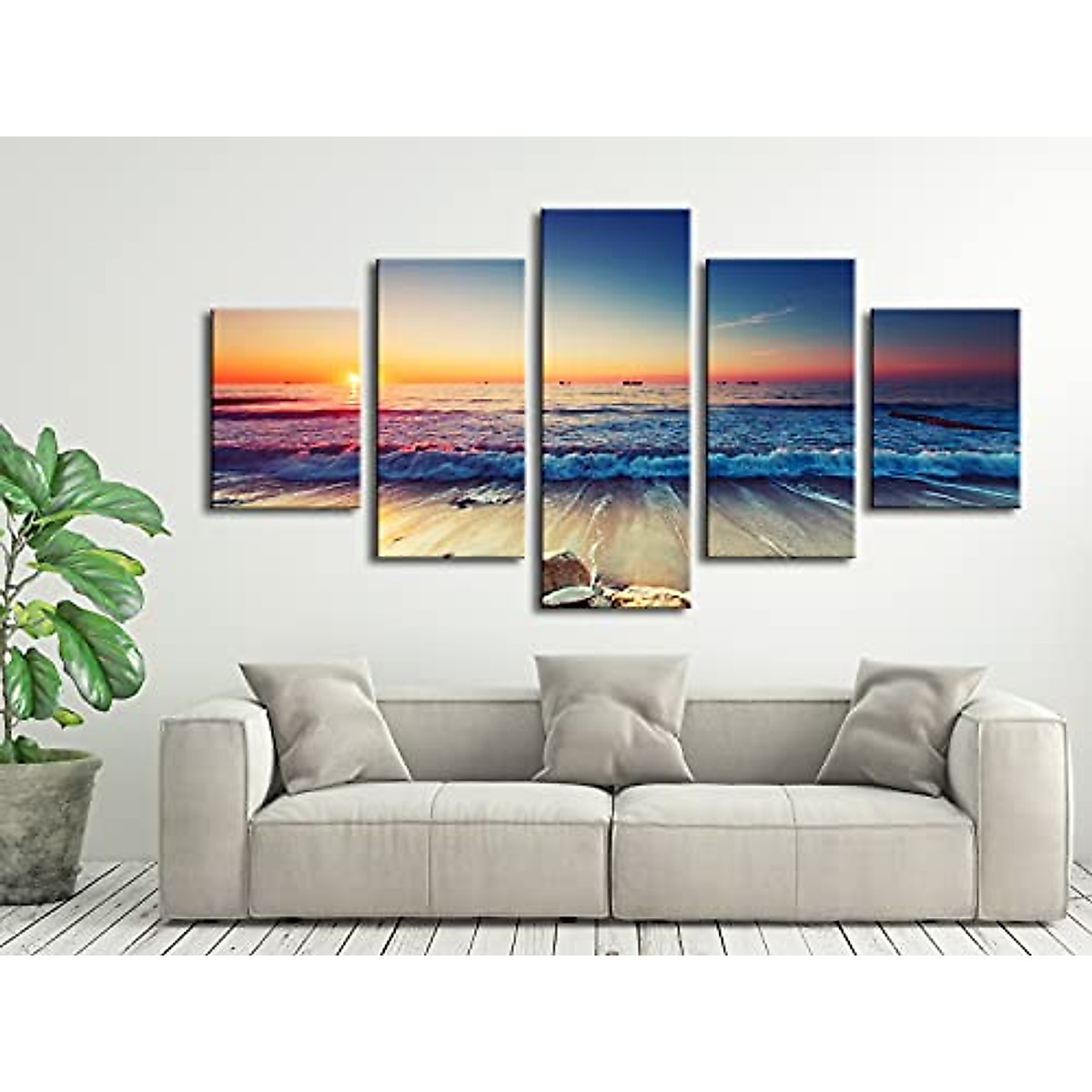 Pyradecor 5 Piece Large Modern Seascape Artwork Gallery Wrapped Ocean Sea Beach Pictures Canvas Prints Waves Paintings on Canvas Wall Art for Living Room Bedroom Home Decorations L