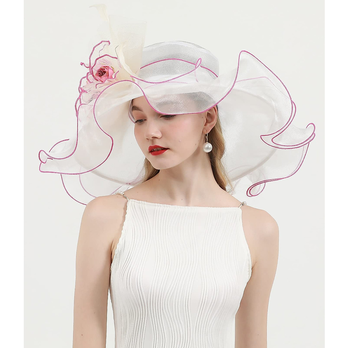 RZTA Women's Kentucky Derby Church Dress Hat Wide Brim Leaf Flower Bridal Shower Hat 01White,Pink