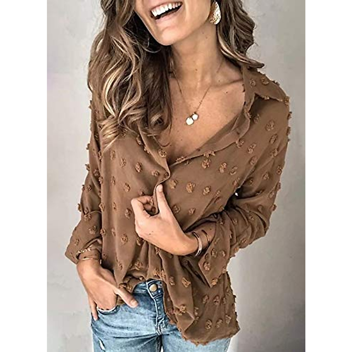 Astylish Womens Soft Cuffed Sleeve Pompom Collar Shirts Long Plus Size Button Down Blouse Tops Brown Small