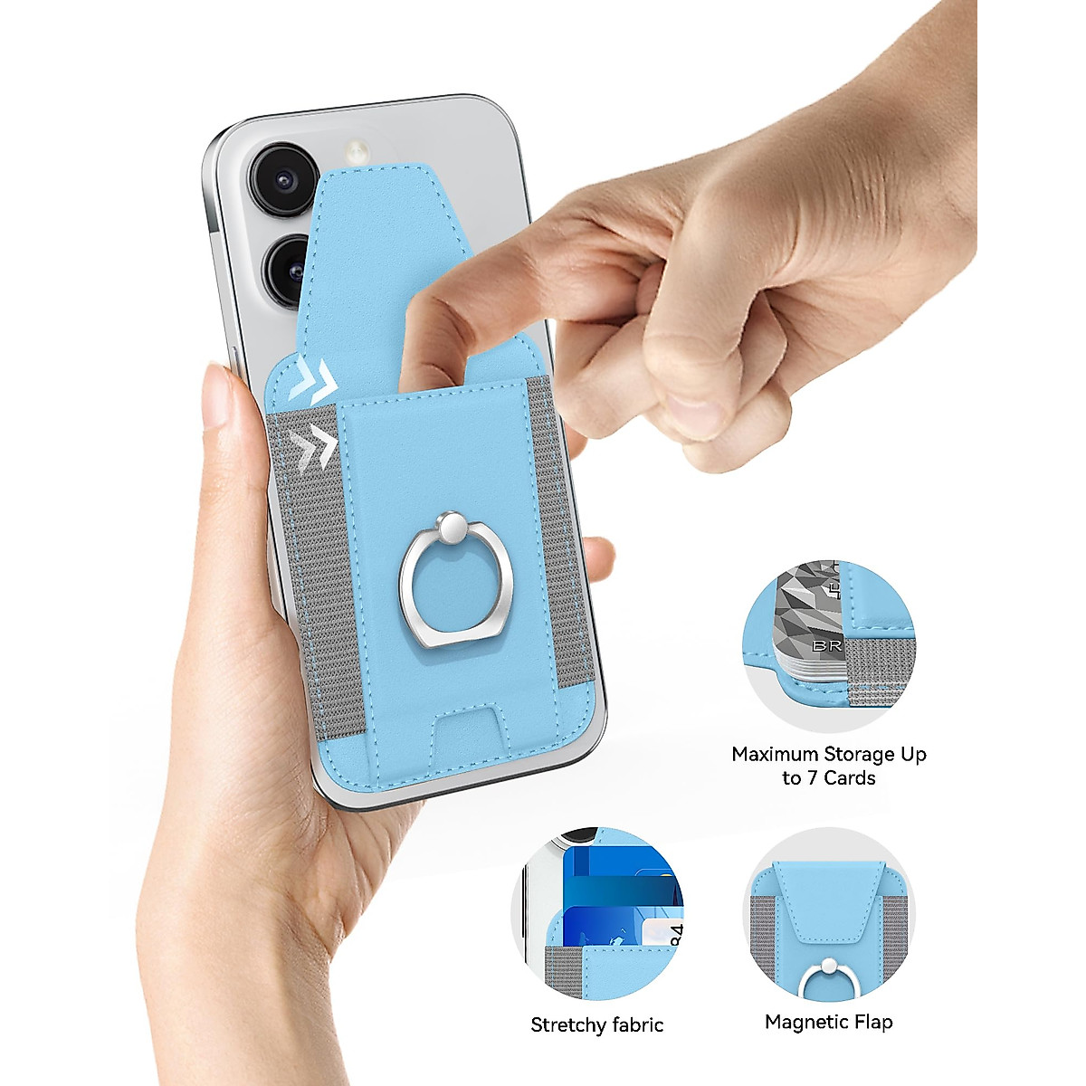 Amzone Magnetic Wallet with Card Holder, Compatible with Mag-Safe Wallet, Leather Card Holder, Wallet with Phone Ring for iPhone 15/14/13/12 Series, 7 Cards Holder (Light Blue)