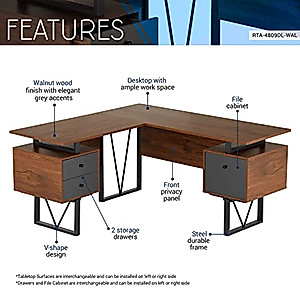 Techni Mobili Reversible L-Shape Computer Drawers and File Cabinet Home Office Desk, 59 x 57.75 x 30, Brown, Grey