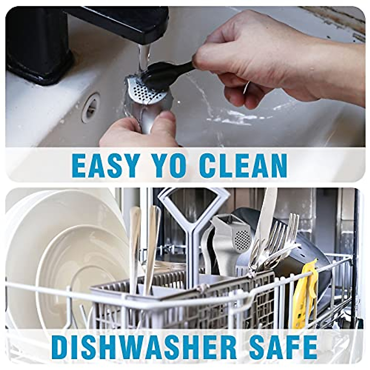 Garlic Press, Garlic Mincer Easy-squeeze Ergonomic Handle, Rust Proof, No Need To Peel, Professional Ginger Press & Garlic Crusher with Handy Cleaning Brush- Dishwasher Safe