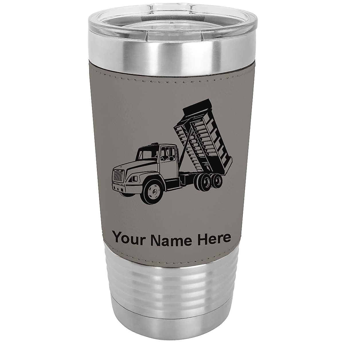 LaserGram 20oz Vacuum Insulated Tumbler Mug, Dump Truck, Personalized Engraving Included (Faux Leather, Gray)