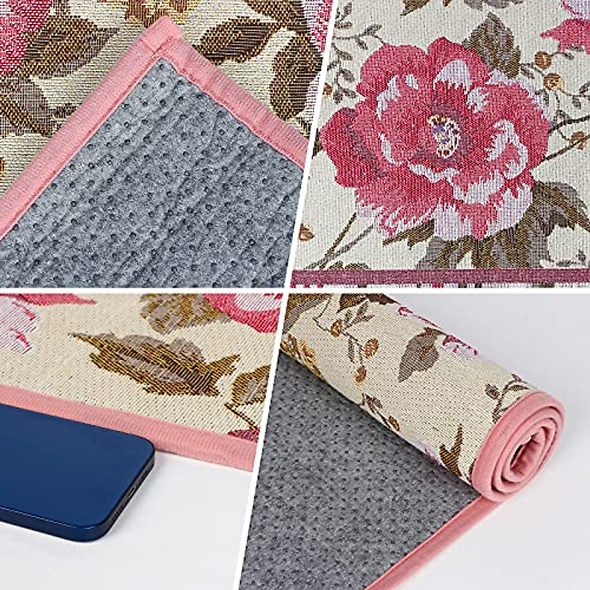 yazi Fabric Kitchen Mat Area Rug Red Striped Flower Non-Slip Rubber Backing Floomat,47x18 Inches