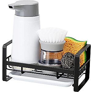 ARTLEO Dish Sponge Holder | Kitchen Sponge Caddy and Soap Dispenser Holder | Sink Tray Drainer Rack | Come with Front Drip Tray, for countertop, Black Stainless Steel.