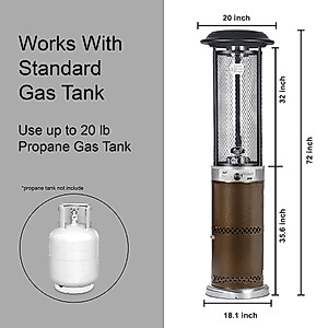 BALI OUTDOORS Patio Heater Floor-Standing Propane Commercial Patio Heater Outdoor 36,000 BTUs Gas Cylinder Heater Glass Tube Wheels Stainless Steel Base Round Reflector Shield Bronze