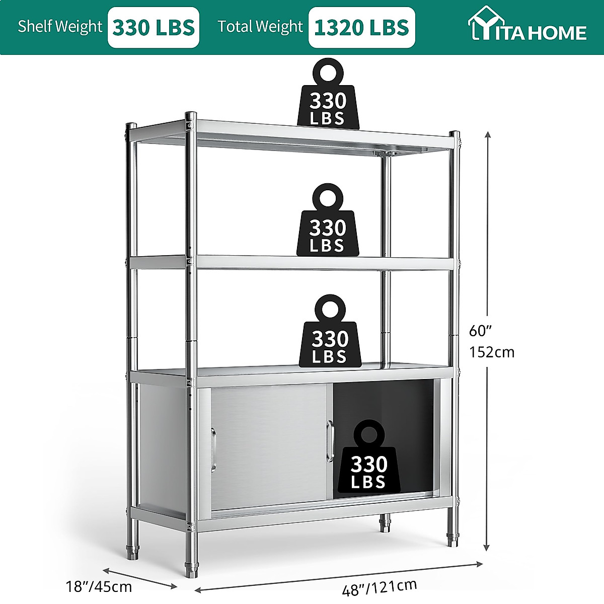 YITAHOME NSF Stainless Steel Shelves, 48"*18"*60" 4 Tier Storage Shelf with Cabinet, Heavy Duty Shelving for Kitchen Garage Office Restaurant Warehouse, 201 Bright Silver