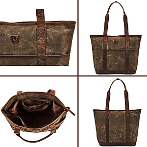 Wise Owl Accessories Tote Bag for Women Real Leather Shoulder Handbag Organizer Water Repellent Waxed Canvas with Compartments (Taupe)