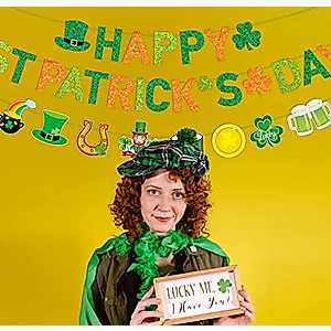 JKQ Glittery Happy St Patrick's Day Banner and Shamrock Rainbow Gold Coins Pot Horseshoe Leprechauns Patterns Banner Saint Patrick's Day Garland Banner Irish Lucky Day St. Patty's Day Party Decorations