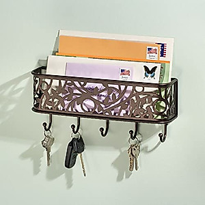 mDesign Wall Mount Metal Entryway Storage Organizer Mail Sorter Basket with 5 Hooks - Letter, Magazine, Coat, Leash and Key Holder for Entryway, Mudroom, Hallway, Kitchen, Office - Bronze
