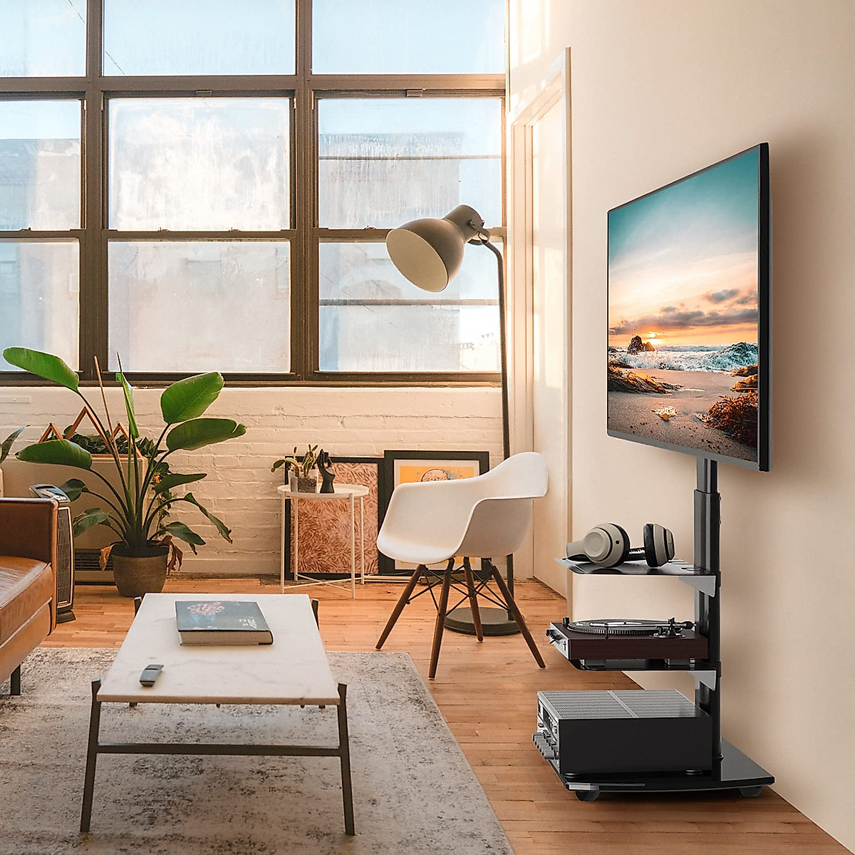 5Rcom Floor TV Stand with Mount, Height Adjustable TV Floor Stand with Swivel Mount for 27-70 inch Flat or Curved Screens TVs, Sturdy Tempered Glass Base with 3 Large Shelves for Bedroom, Black