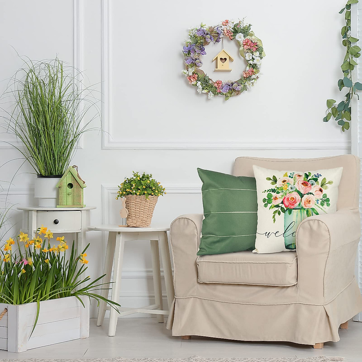 YGEOMER 18x18 Spring Pillow Covers, Set of 4 Pillow Covers, Spring Summer Farmhouse Outdoor Pillow Covers Green Garden Linen Cushion Case for Home Decor